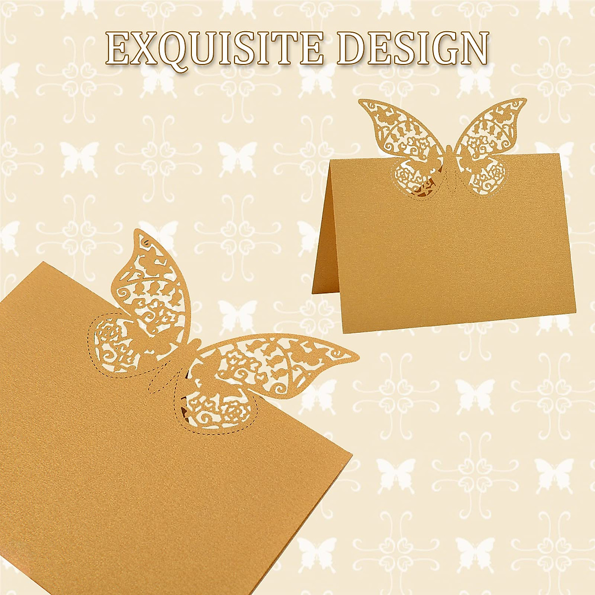 URROMA 3D-Butterfly Place Cards, 50 Pcs Gold Name Place Cards Laser Cut Design Table Cards Guest Name Food Signs for Table Setting Reception Party