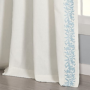 Lush Decor Luxury Modern Flower Linen Like Embroidery Border Window Curtain Panel (Single Panel), 84" L x 52" W, Off-White & Blue