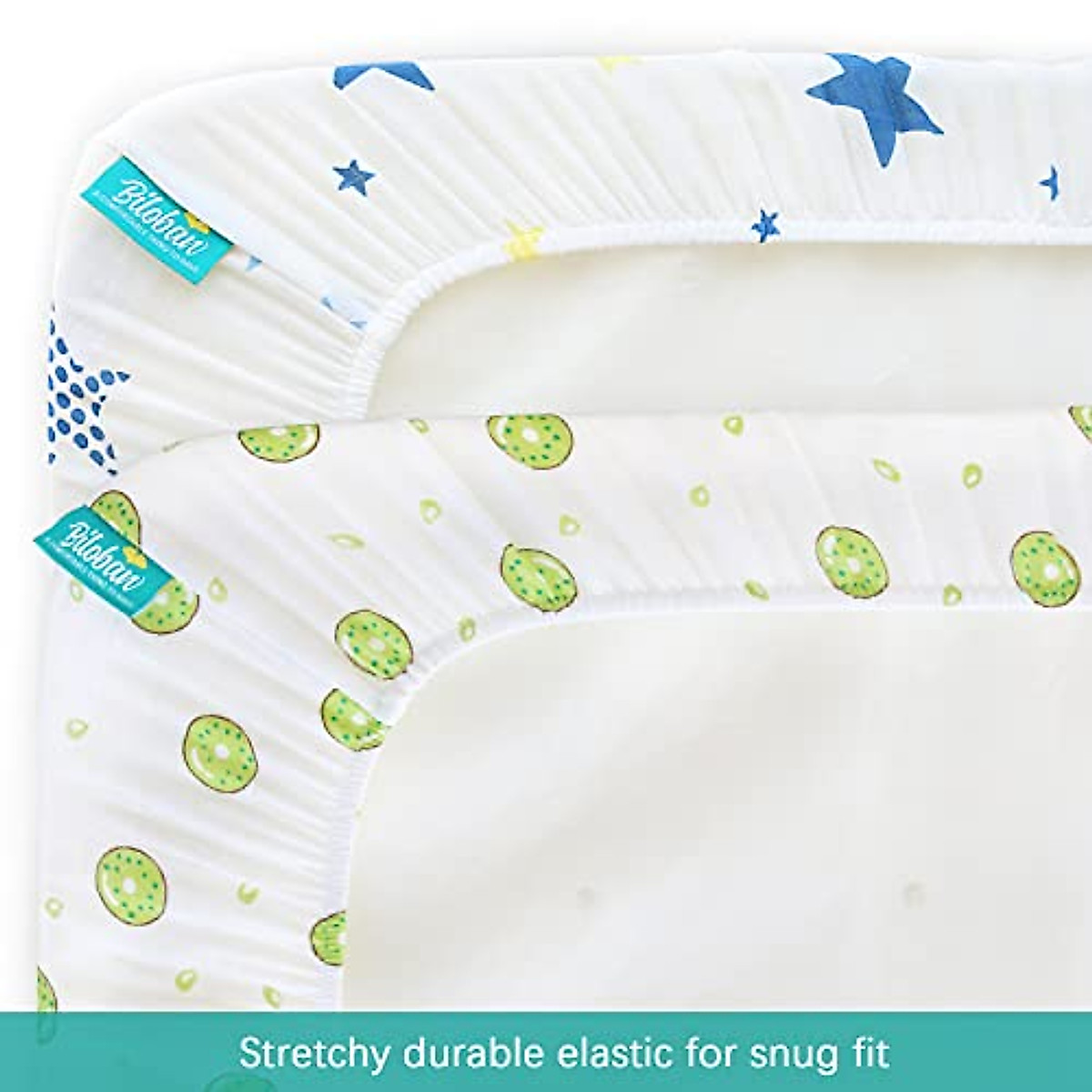 Muslin Bassinet Sheets Fit for Mika Micky, Baby Delight, Graco, Angelbliss, Maxi Cosi and Other Rectangle Bassinet Mattress (16''×32''/17"x32"/20''x33''), Ultra Soft Bamboo Cotton, Star & Kiwi, 2 Pack