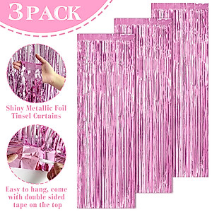 MEEZY 3Pack 3.2ft x 8.2ft Pink Foil Fringe Curtains Backdrop Metallic Foil Tinsel Streamers with Pink Balloons for Bachelorette Baby Shower Wedding Birthday Bridal Shower Party Decorations