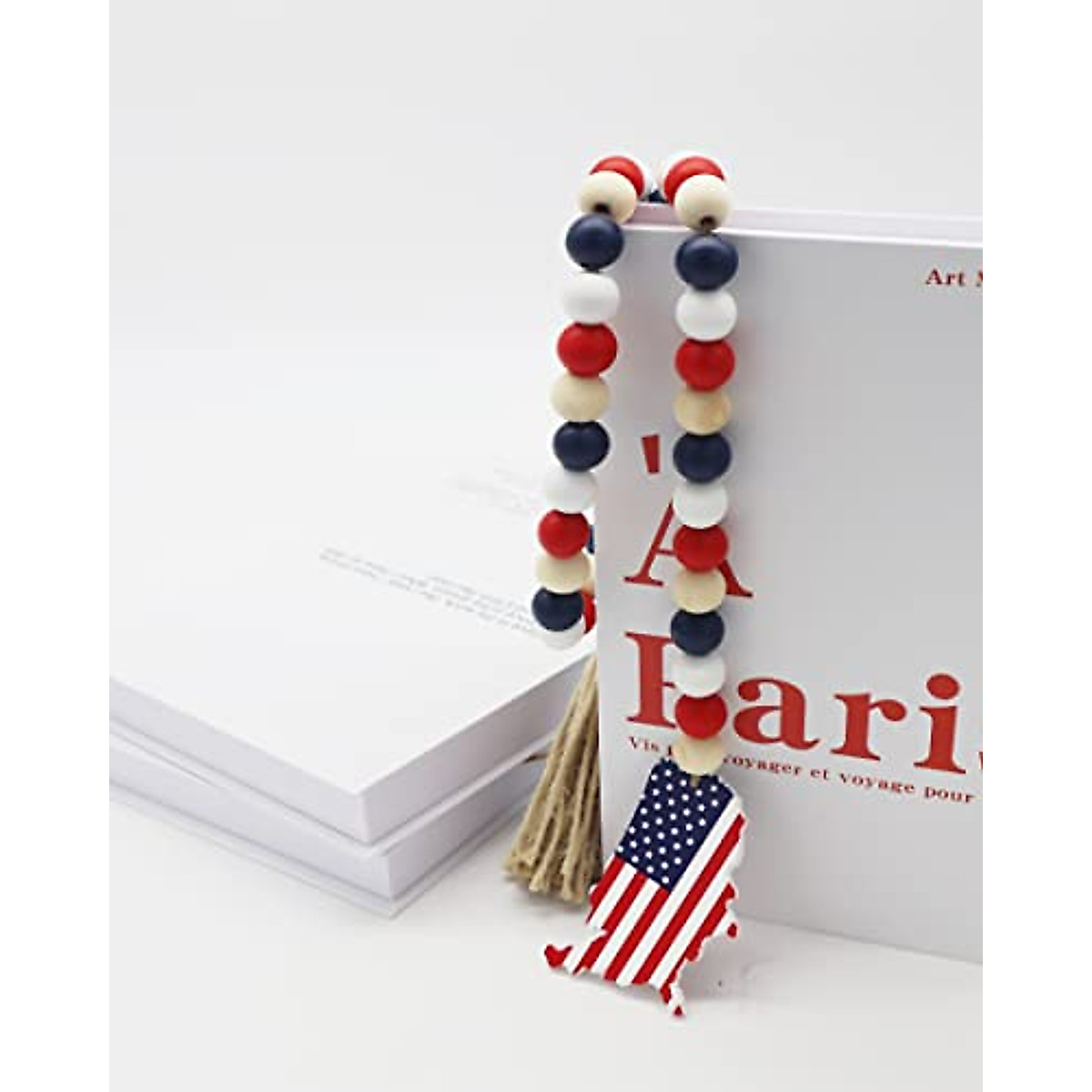 Wooden Beads Decor,Fall Decorations for Tiered Tray Decor Wood Bead Garland, Farmhouse Decor Beads with Tassel, Prayer Boho Beads Big Wall Hanging Decor (Red, White, Blue)