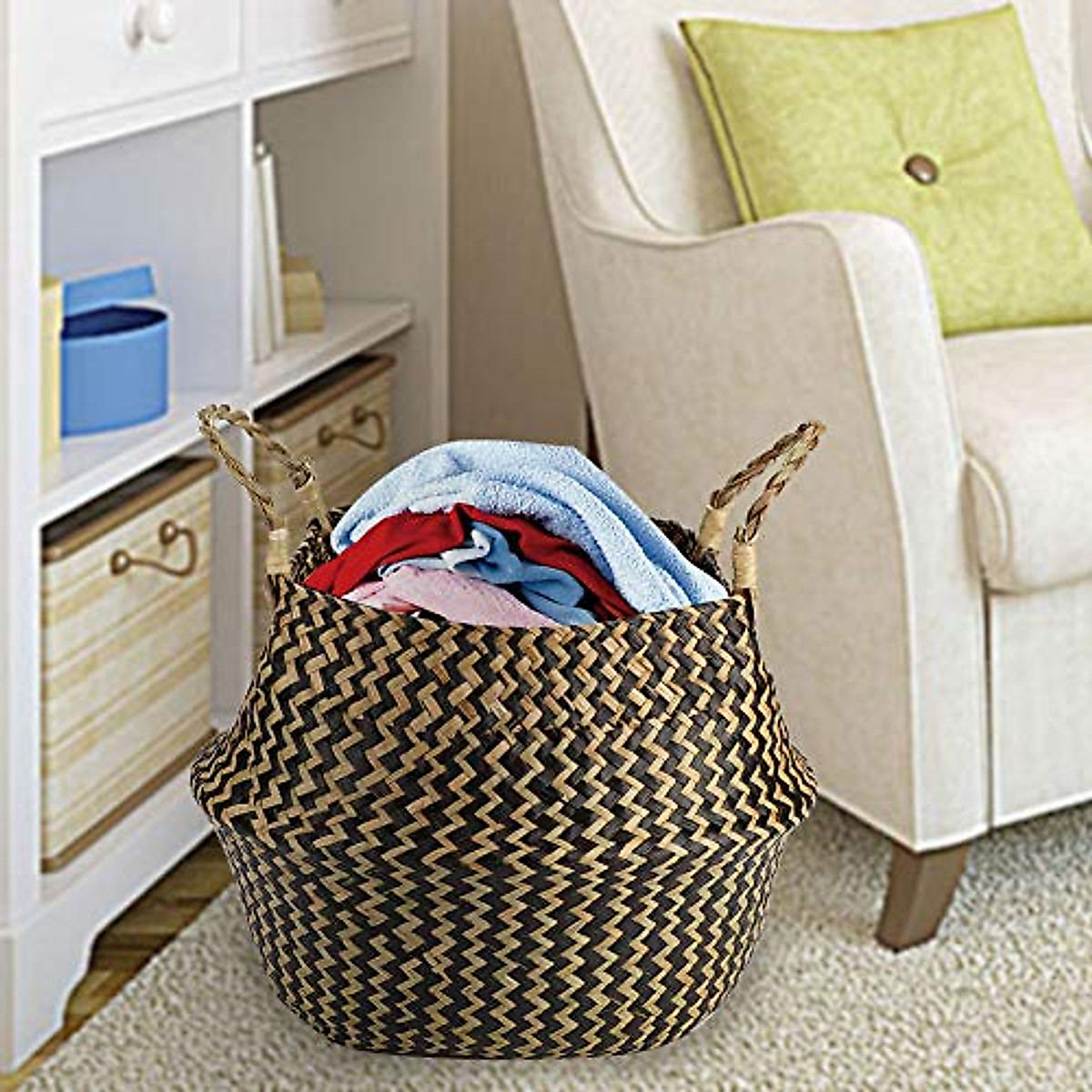 Foldable Storage Basket, Natural Seagrass Woven Storage Basket Clothes Organizer Plant Flower Pot for Bedroom, Living Room, Kids Room(Black (wave pattern))