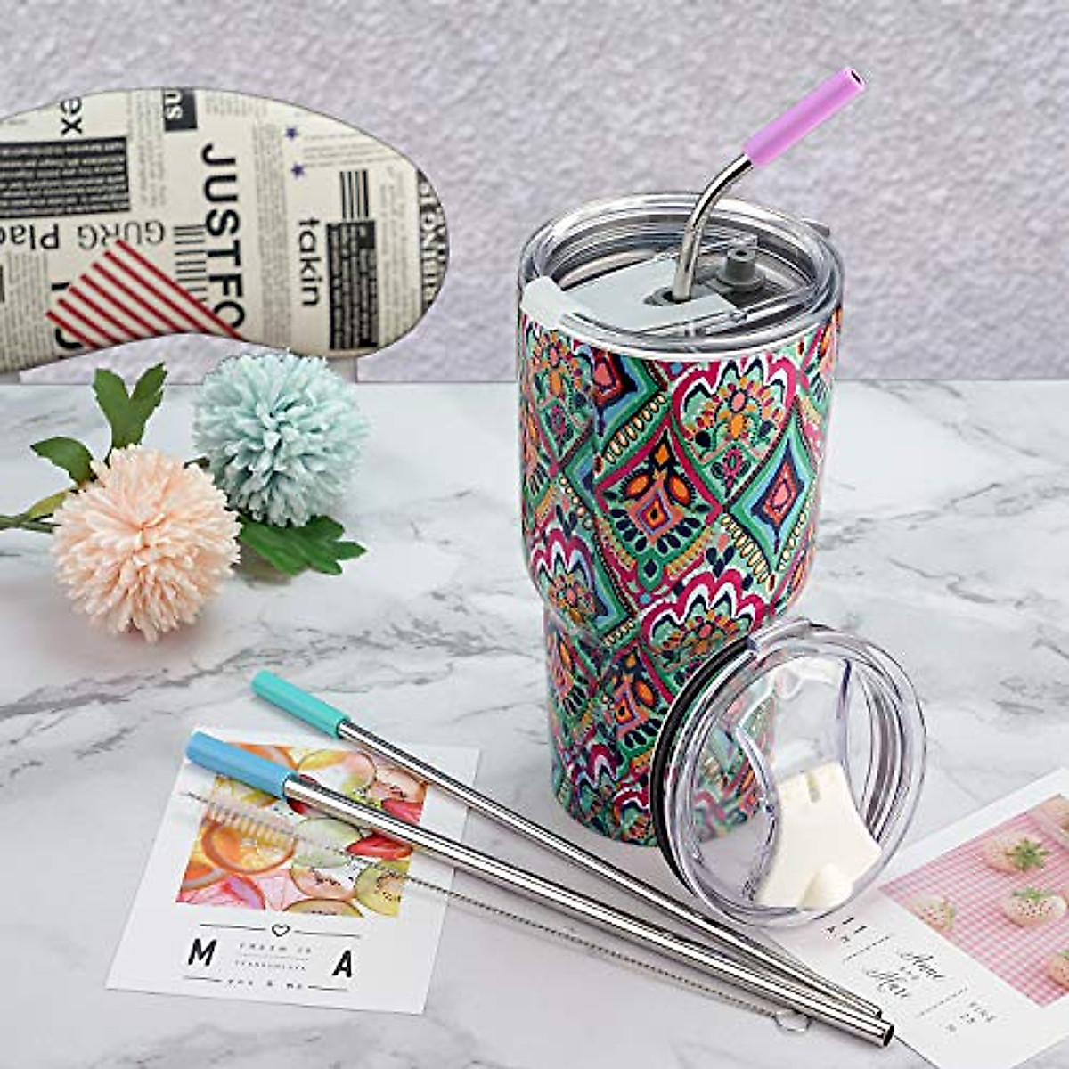 30 oz Tumbler with Lids and Straws,18/8 Stainless Steel Vacuum Insulated Coffee Tumbler,Insulated Travel Mug Water Cup with Leak-Proof Straw Lid & Flip Lid,3 Metal Straws,1 Cleaning Brush & Gift Box