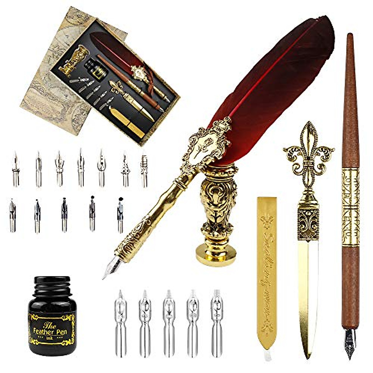 Feather Quill Pen and Ink Set,Writing Quill,Vintage Calligraphy Dip Pen Kit with 17Replacement Nibs,Wax Seal Sticks,Wooden Dip Pen,2 in 1 Seal Stamp Pen Nib Base,Envelope,Letter Opener