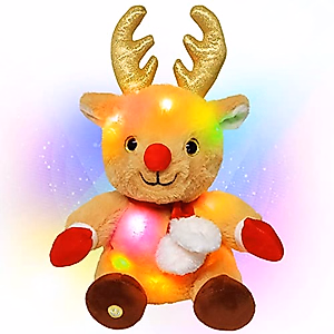 Hopearl Christmas LED Plush Reindeer Light up Elk Stuffed Animal Rudolph Floppy Night Lights Glow in The Dark Birthday Festival for Kids Toddler Girls, Brown, 13’’