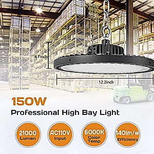 ICEKO KN [2-Pack] UFO LED High Bay Lights,LED Shop Light 150W/21000LM/6000K/(Eqv.400W HID),with Hanging Chain,Safe Rope,6ft Power Cable&Plug,for Barn,Garage,Warehouse,Basement,Workshop,Wet Location