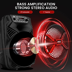 Portable Bluetooth PA Speaker System - 300W Rechargeable Indoor/Outdoor Bluetooth Portable PA System w/ 8” Subwoofer 1” Tweeter, Microphone In, Party Lights, MP3/USB, Radio, Remote - Pyle PPHP836B