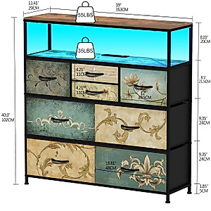 Tohomeor TV Stand with Power Oulet Dresser with Charging Station & LED Light Dresser with 8 Fabric Drawers for Living Room Storage Chest of Drawers Retro Dresser with Open Shelf Wooden Top