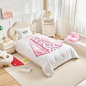 Girls Bed Comforter Set Twin Size 3PC Pink and White Princess Bedding Set with Cute Luxurious Dress Pattern on Comforter and Princess Crown Print on Pillow Shams