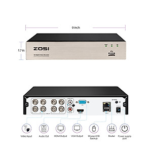 ZOSI 5MP Lite 8 Channel 4 in 1 HD TVI CCTV DVR,AI Human/Vehicle Detection,Mobile Remote Access,H.265+ 8CH 1080P Surveillance Video Recorder 1TB Hard Drive for Home Security Camera System