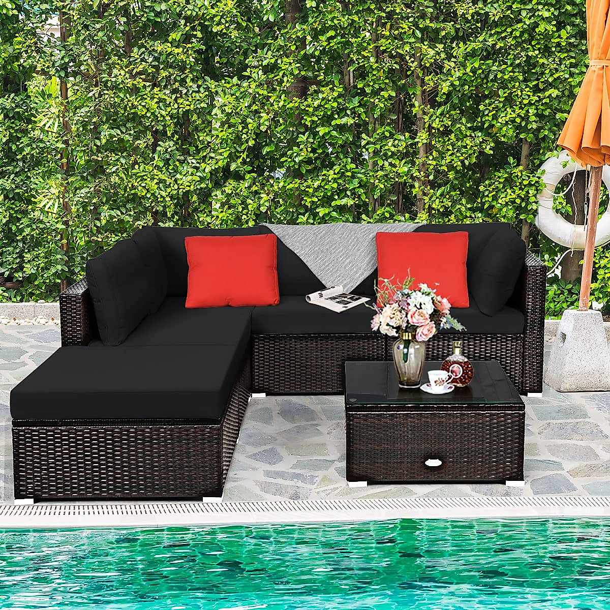 Tangkula 6 Piece Patio Furniture Set, Outdoor Deck Lawn Backyard Durable Steel Frame PE Rattan Wicker Sectional Sofa Set, Conversation Set with Coffee Table (Black)