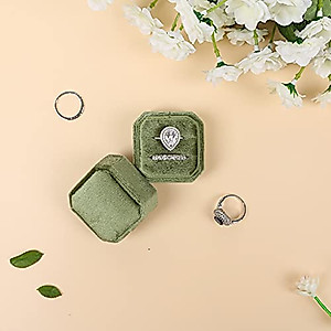 NicGor Velvet Ring Box Double Slots, Gift for Proposals Engagement and Wedding Band Photographs - Octagon Jewelry Ring Boxes (Olive Green)