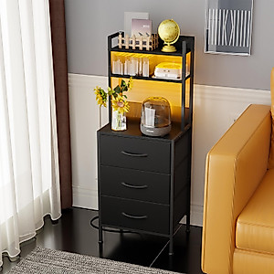 Fixwal 41 Inch Tall Nightstand with Charging Station, Led Night Stand with U-S-B Port & Socket, 3 PU Finished Fabric Storage Drawers, Office, Bedside Table & Bookshelf in One, Black