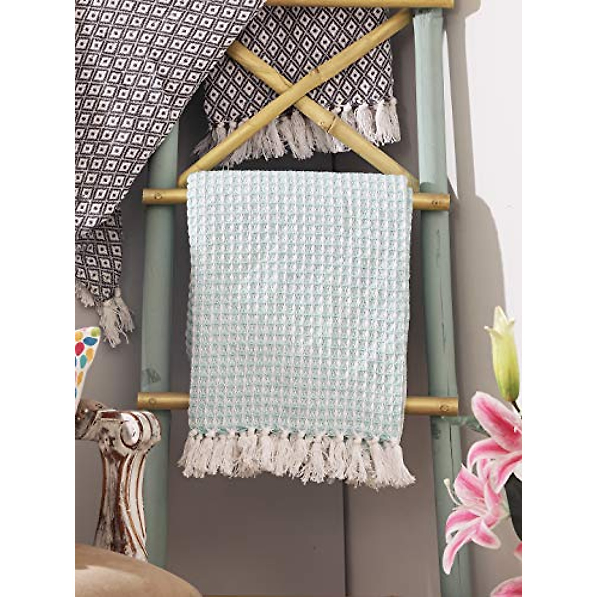 Farmhouse Throws Blanket in Two Tone Honeycomb,Picnic,Camping, Beach,Throws for Couch,Everyday Use, Cotton Throw Blanket with Super Soft and Excellent Handfeel 50 x 60 -Aqua White
