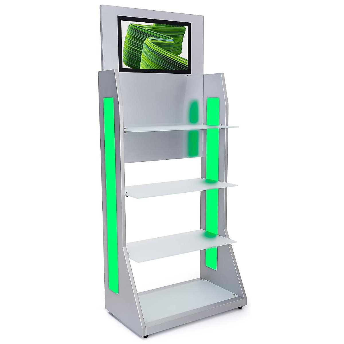 Displays2go LED Gondola with Digital Screen, Built-in Speaker, Four Shelves - Silver (SMFSDDSLED)