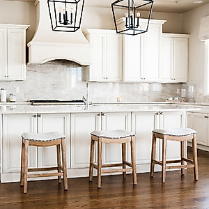 Maven Lane Adrien 31 Inch Bar Height Upholstered Backless Saddle Barstool in Weathered Oak Finish with Sand Color Fabric Cushion Seat, Set of 4