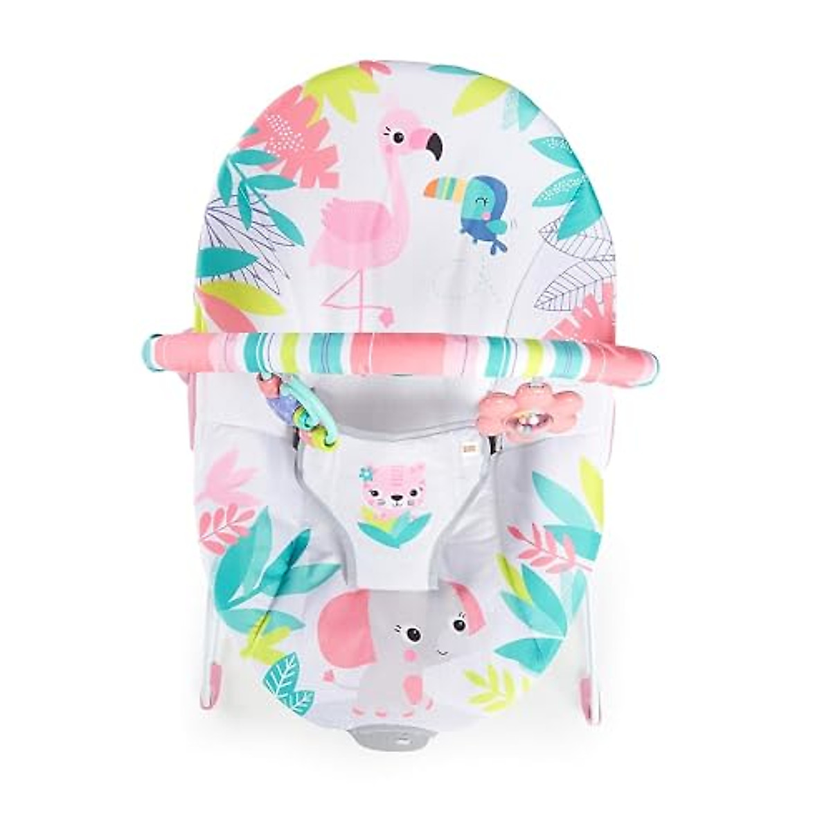 Bright Starts Baby Bouncer Soothing Vibrations Infant Seat - Removable-Toy Bar, Nonslip Feet, 0-6 Months Up to 20 lbs (Flamingo Vibes, Pink)