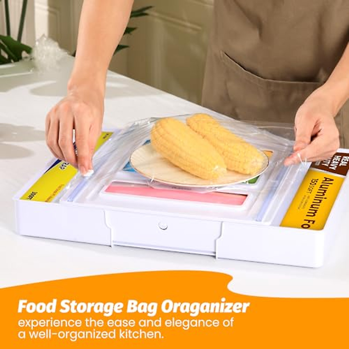 CiWiVOKi Expandable Storage Bag Organizer for Kitchen Drawer, 6 in 1 Foil and Plastic Wrap Dispenser with Cutter, Plastic Organization and Storage for Sandwich Gallon Quart Snack Bags, 3.2"High, White