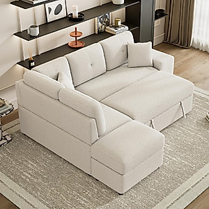 Merax Sofa Bed Sleeper Couch L Shaped Sofa with Storage Ottoman, 2 Throw Pillows and 2 Stools, Sectional Pull Out Sofa Bed with Wireless Charger and 2 Hidden USB Ports for Living Room (Cream)