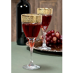 Red Co. Set of 4 Decorated Clear Glass 7 Fl Oz Stemmed Wine Glasses with Golden Greek Key Trim