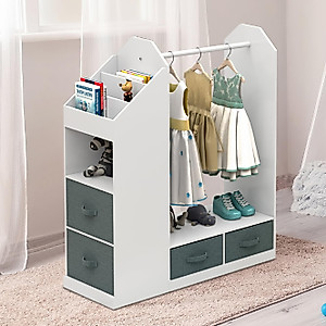 Kids Costume Organizer, Costume Rack, Kids Dress up Storage with Mirror and Storage Bin,Open Hanging Kids Play Armoire Dresser with Mirror,Pretend Storage Closet for Kids,Costume Storage Dresser