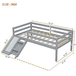 Twin Loft Bed with Slide, Twin Kids Loft Bed with Slide & Ladder, Wood Low Loft Bed Frame with Safety Guardrails, Sturdy Slat Support, Twin Kid Bed Low Loft Bed for Kid, Boys Girls, Grey