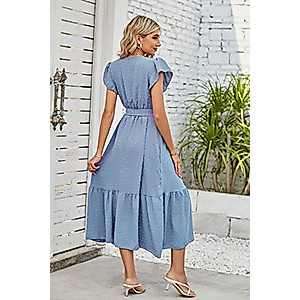 EGRETLAC Women V Neck Haltter Sleeveless Boho Swiss Dot Dress, Elasticated Waist A Line Flowy Hem Long Dresses with Tie Blue