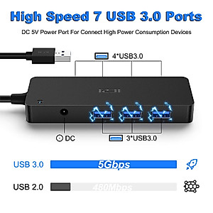 7 Port USB 3.0 Hub, ICZI USB Hub Powered USB Splitter USB 3.0 Hub with Power Adapter for Mac Windows and Other Laptops - Black