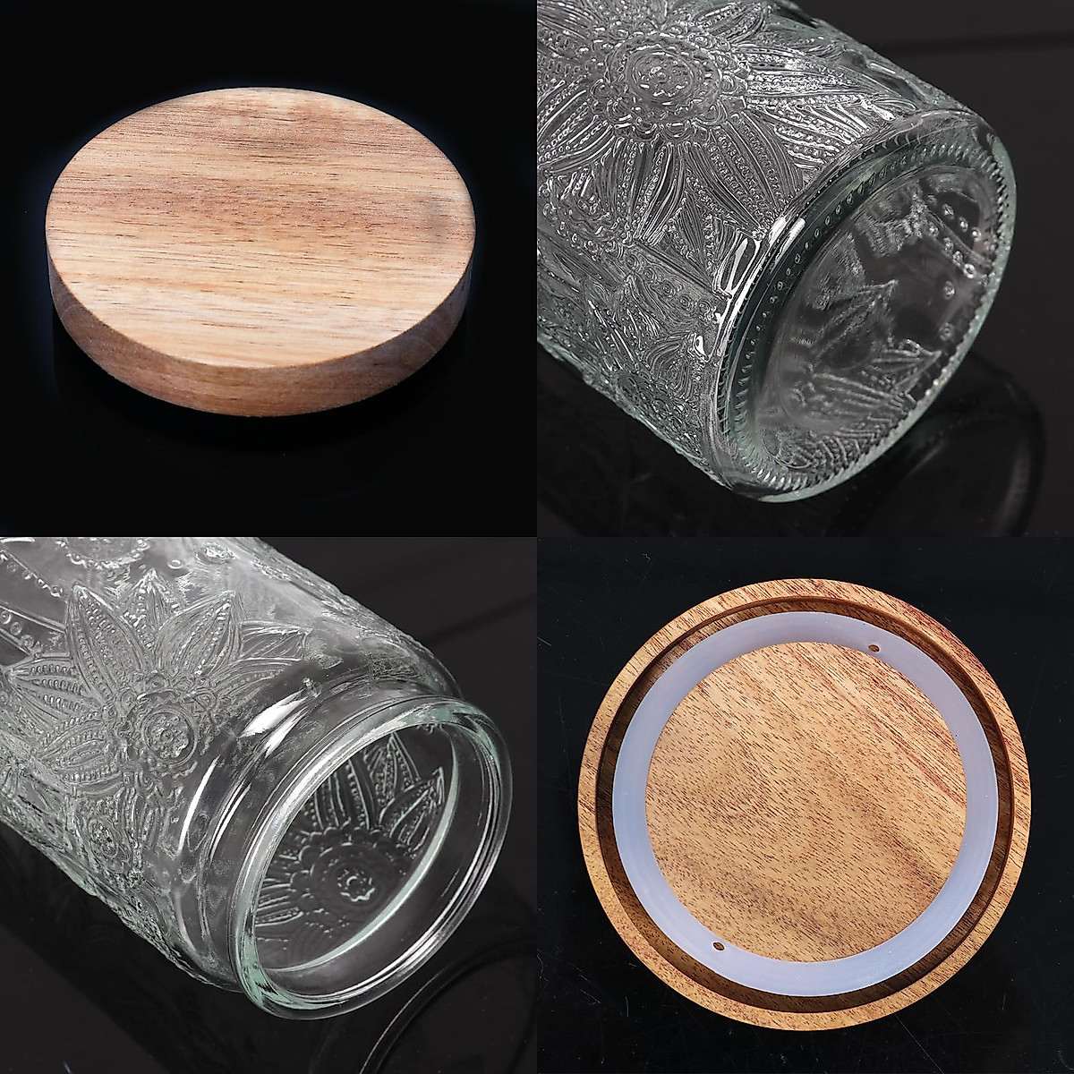 EkkoVla 4 Pack 34 FL OZ Vintage Glass Storage Jar with Airtight Wooden Lid, Glass Canister Airtight Cookie Jar Container for Kitchen Counter, Pantry, Coffee Bean, Sugar, Flour, Oats