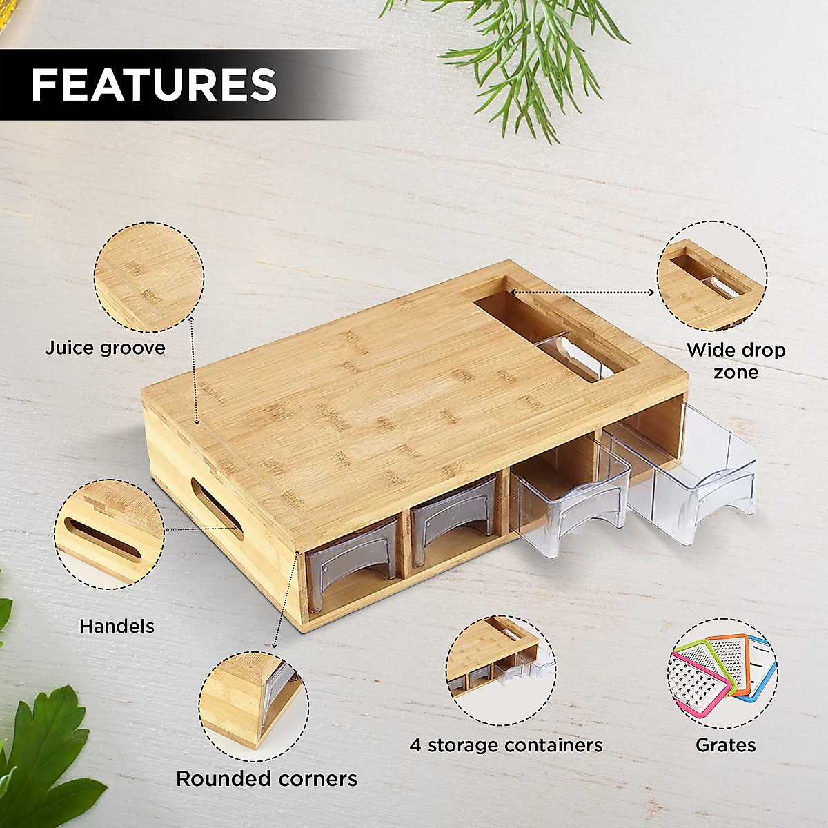 Bamboo Cutting Board With Containers - Meal prep station of 4 - Graters & 6 Bowl Lids, Trays, Splash - Multifunctional board by TOASTMARK