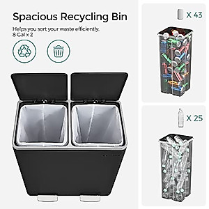 SONGMICS Dual Trash Can, 16 Gal (60L) Rubbish Bin and 15 Trash Bags, Metal Step Bin, with Dual Compartments, Plastic Inner Buckets and Hinged Lids, Airtight, Black ULTB60BK
