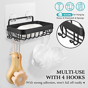 Soap Dish Holder for Shower Wall, 304 Stainless Steel Bar Soap Holder with Hooks for Bathroom, Sponge Holder for Kitchen Sink-Powerful Adhesive No Drilling