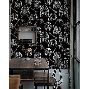 Peel and Stick Wallpaper Gothic Wallpaper Clear Crystal Skull Wallpaper Black Removable Wallpaper Removable Accent Wall Decorations Temporary Wallpaper for Bedroom & Halloween Party 17.3"x118.1"