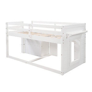 Bellemave Low Loft Beds with 3 Drawers Twin Loft Bed Frame with Cabinet and Bedside Tray Wood Farmhouse Loft Bed for Kids Girls Boys Teens, White