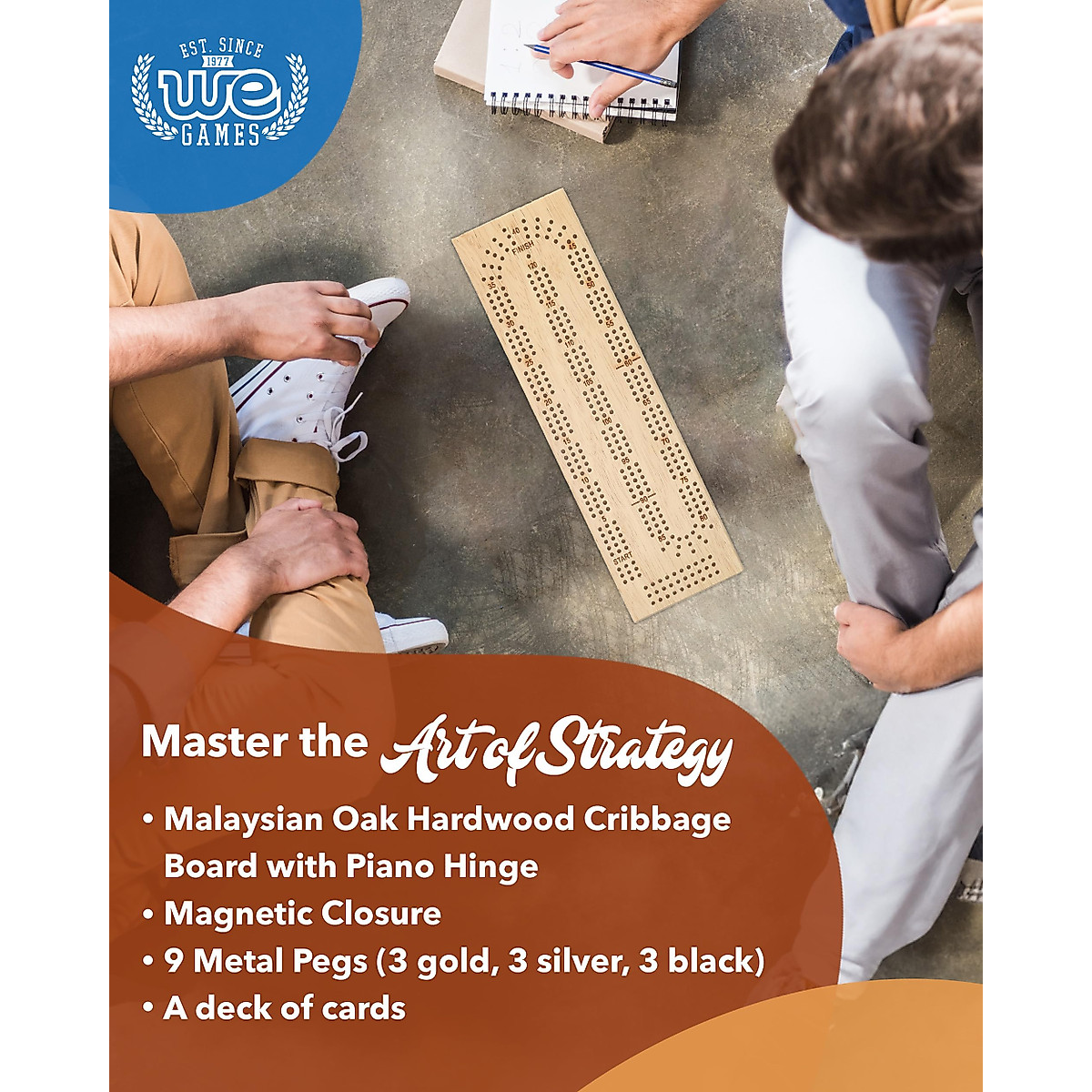 WE Games Wooden Cribbage Board Game Set, Continuous 3 Track for 2-3 Players, Travel Cribbage Board with Card Storage, Includes 9 Metal Pegs & Deck of Cards, Card Games, Classic Board Games for Adults