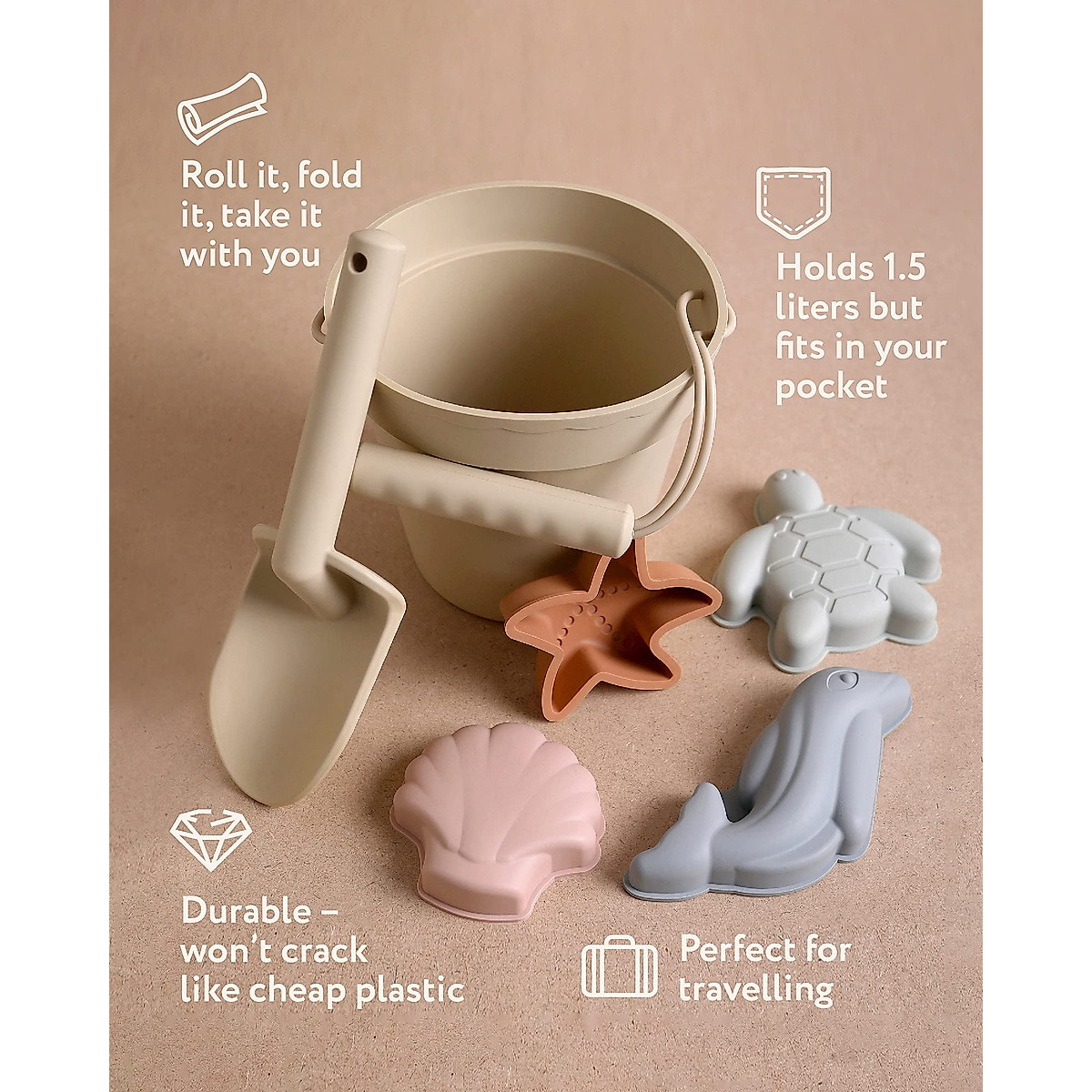 Silicone Beach Toys for Kids - Baby Sandbox Toys - Best Silicone Toddler Beach Toy Set for Travel -Won't Break Like Plastic Baby Beach Toys - Collapsible Beach Bucket, Shovel & Accessories