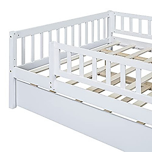 Vierniya Kid Bed with Fence and Trundle Full Size Trundle Bed with Rails, Wooden Toddler Daybed Montessori Bed for Boys Girls, White