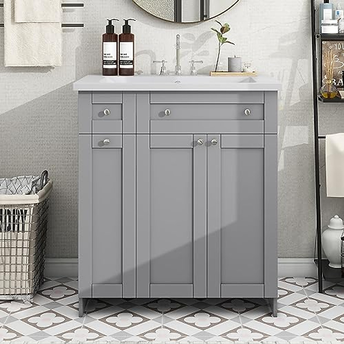 P PURLOVE 30" Bathroom Vanity with Single Sink and Soft Close Doors, Modern Bathroom Cabinet with Adjustable Storage Shelf and Drawers, Solid Wood Frame, Grey