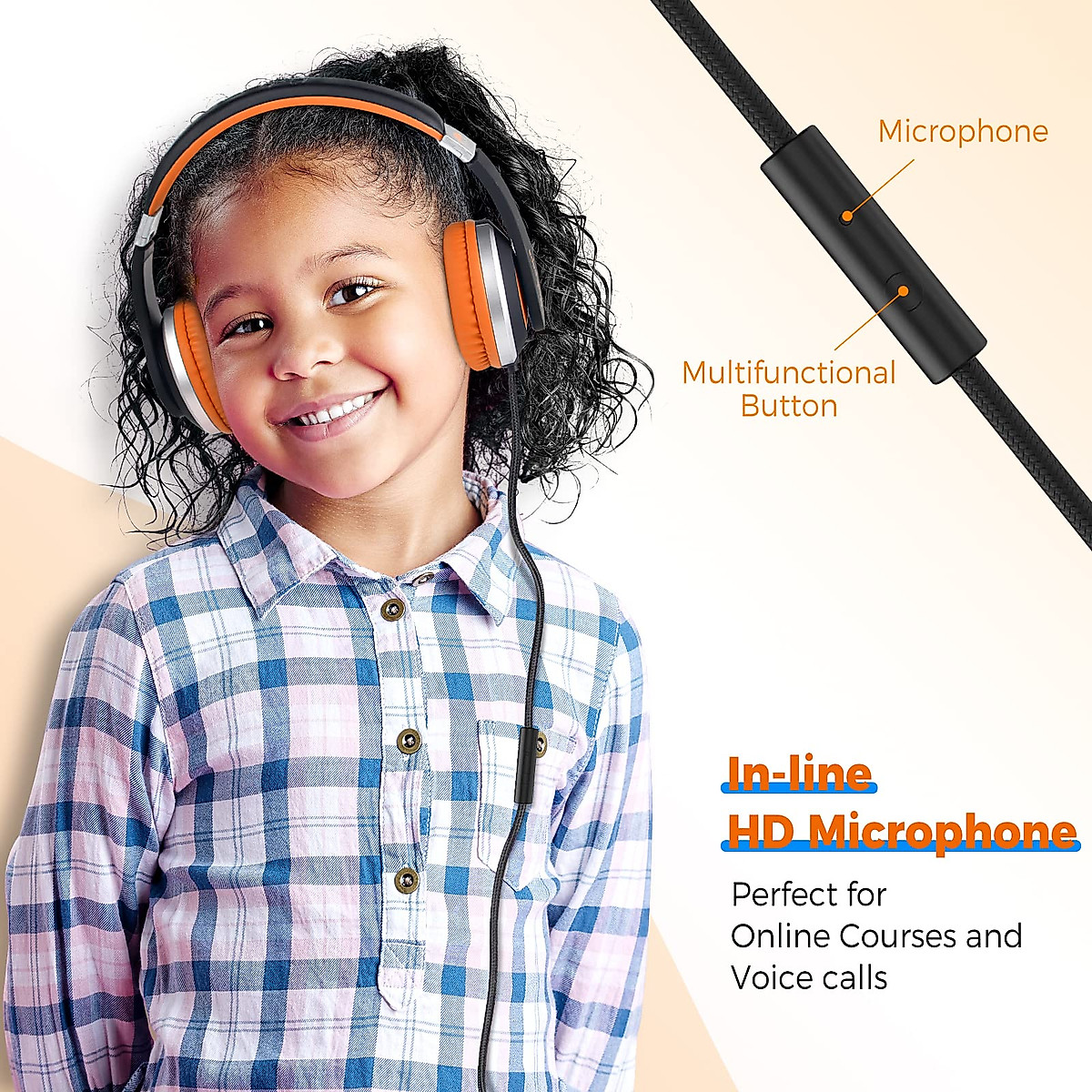 rockpapa HS20 Wired Kids Headphones for School, Foldable Lightweight Boy Girl Headphones with Microphone & 3.5mm Jack for 3-15 Year Old for Airplane Tablet Phones Black Orange