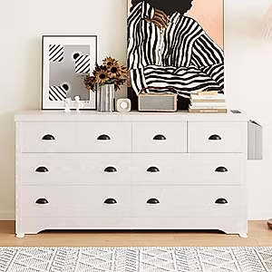 LIKIMIO Dresser 8 Drawer, Modern Wood Bedroom Dresser with with Charging Station and Storage Bag, Storage Chest of Drawers for Living Room Hallway Entryway, White