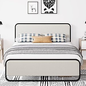 Homhougo Queen Size Bed Frame with Upholstered Headboard and Footboard,10.3'' Underbed Space, Curved Design, Strong Slats Support, Box Spring Optional, Beige