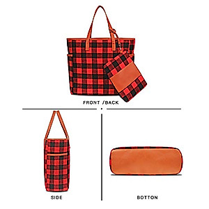 MONOBLANKS Women Buffalo Plaid Check Tote Set with Matching Wristlet,Personalized Top Handle Handbag Working Bag Best Gift for Her (Red Buffalo Plaid)