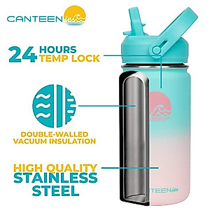 Canteenies Kids Water Bottle for School, 14 Oz, Straw Lid, Stickers, Scrunchie, Vacuum Insulated Stainless Steel Double Walled, BPA Free Food-Safe, Leak-Proof Tumbler Travel Cup For Girls