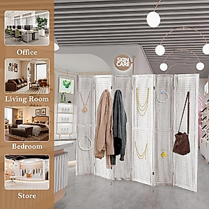 Leesinwing 6 Panel Room Dividers and Folding Privacy Screens, 5.6Ft Wooden Pegboard Display, Privacy Dividers for Bedroom, Portable Dispxlay Board Organizer for Store, Jewelry Display, White