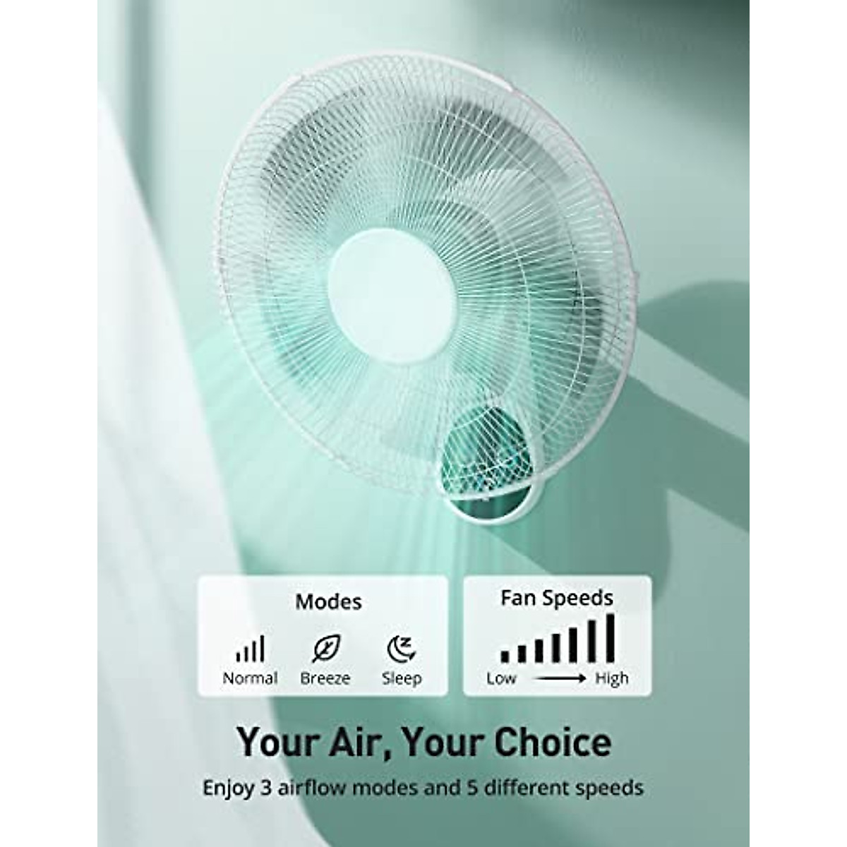PARIS RHÔNE Wall Mount Fan, 16 inch Wall Fan with 5-Blades, 5 Speeds, 20ft Remote Control, Wide 90-Degree Oscillation, 8 Hour Timer, Quiet Operation, Fans for Bedroom, Kitchen, Study & Home Gym
