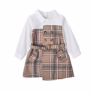 CM C&M WODRO Toddler Baby Girl Plaid Dress Long Sleeve Belted Button Down Shirts Kid Fall Corduroy Tunic Dress Casual Clothes(Plaid,2-3 Years)