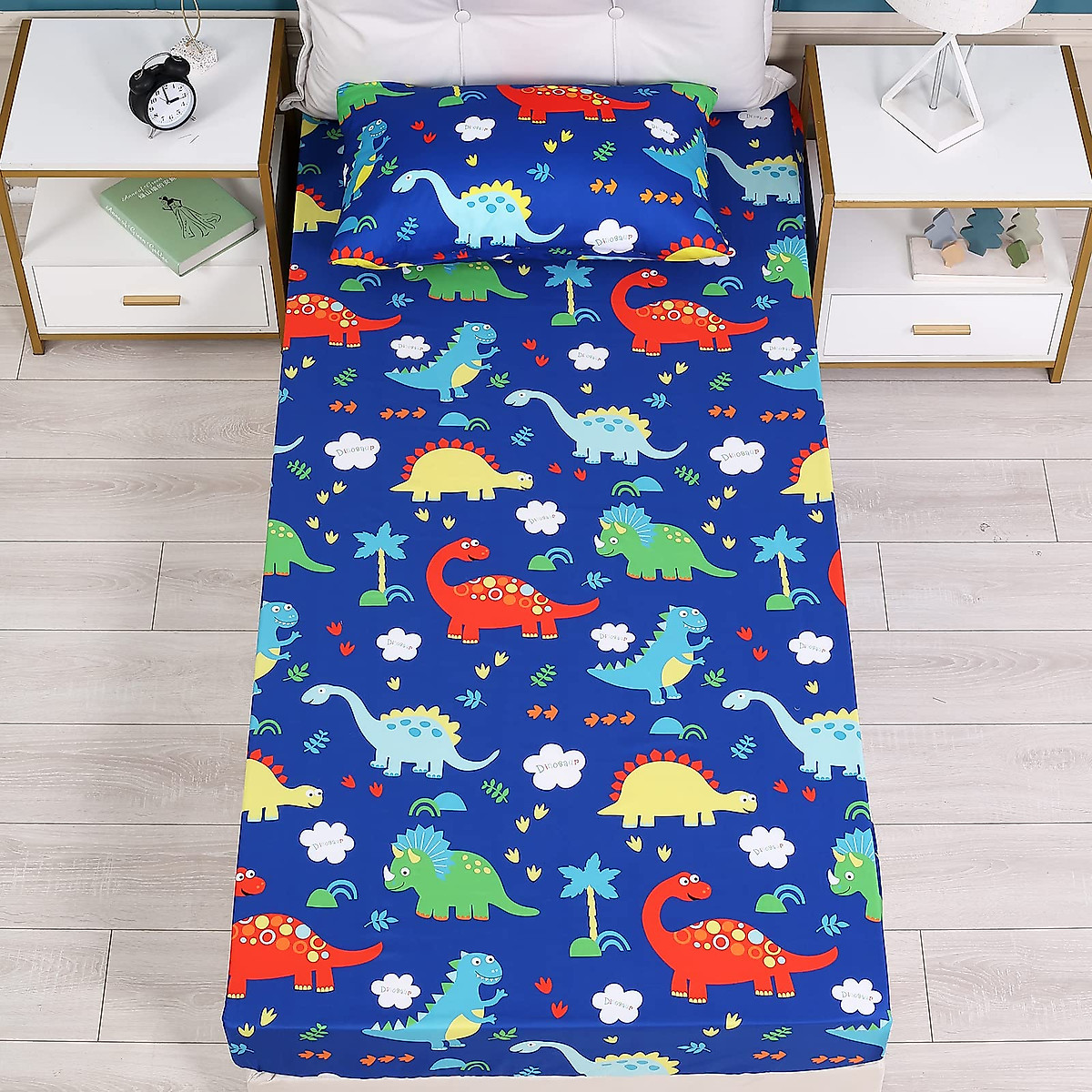 Cloele Dinosaur Twin Sheets Set for Boys - 3 Piece Blue Kids Bedding Sheet Set Includes Flat Sheet Fitted Sheet Pillowcase for Twin Beds - 100% Polyester Children Bed Sheet Set for Boys Deep Pocket