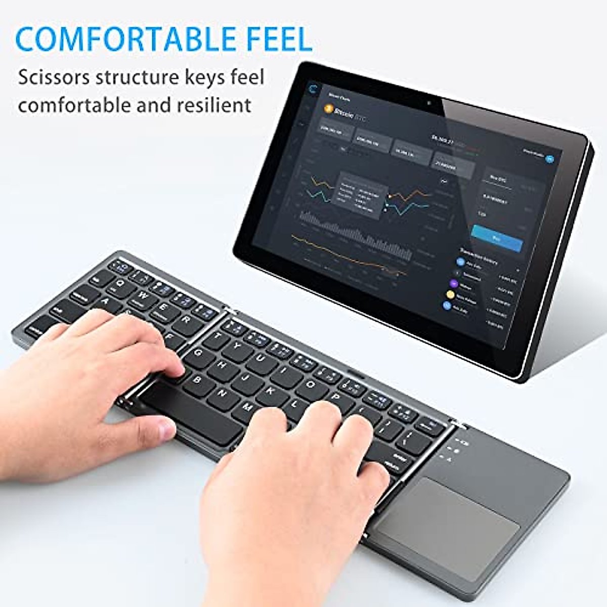JPHTEK Foldable Bluetooth Keyboard with Touchpad, Portable Wireless Keyboards, Rechargeable Full Size Ultra Slim Pocket Folding Keyboards for Android Windows iOS Tablet & Laptop Gray