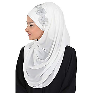 Aisha's Design Chiffon Hijab Shawl for Women Muslim, Turban Scarf with Lace Accessories, Off-White-Silver