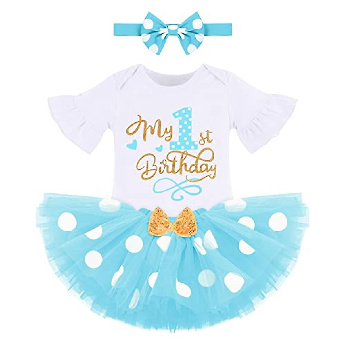 IBTOM CASTLE It's My 1st Birthday Outfit For Baby Girls First Birthday Gift Wild ONE Bodysuit Romper Onesie Sequin Bow-tie Tulle Tutu Polka Dots Skirt for Photo Shoot w/Ears Headband Blue 1T